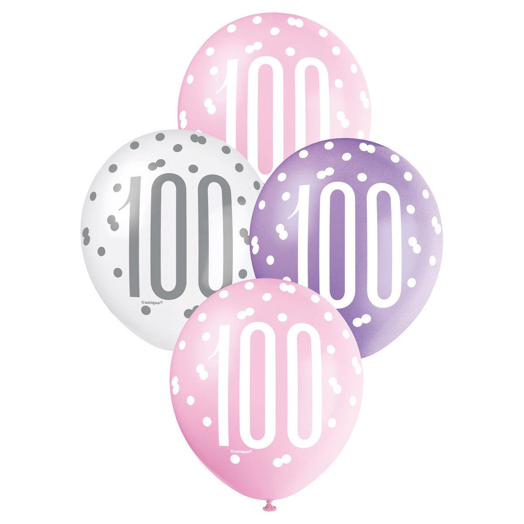 Pink, Purple & White - 100th Birthday Latex Helium Balloons