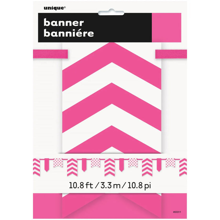 Dots, Stripes & Chevron Paper Pennant Banner - Hot Pink